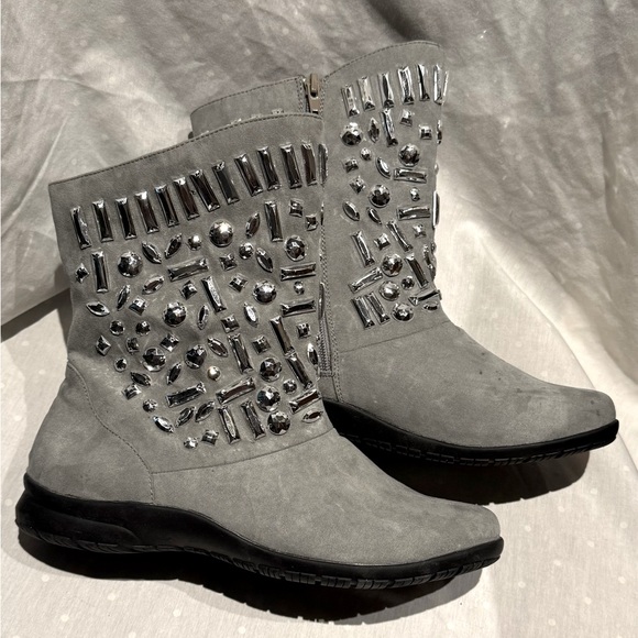 Joan Boyce | Shoes | Joan Boyce Grey Faux Suede Flat Boots Wrhinestones ...